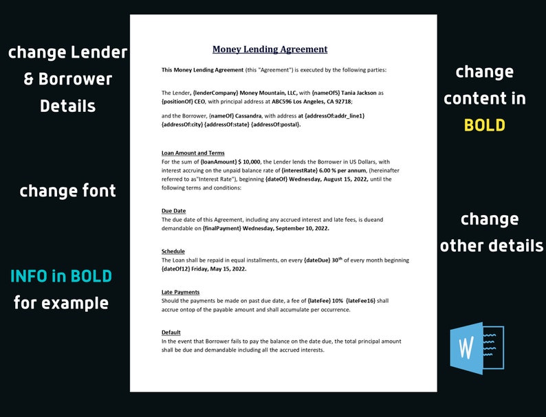 Money Lending Agreement Template: Loan Contract (editable in WORD) - Etsy
