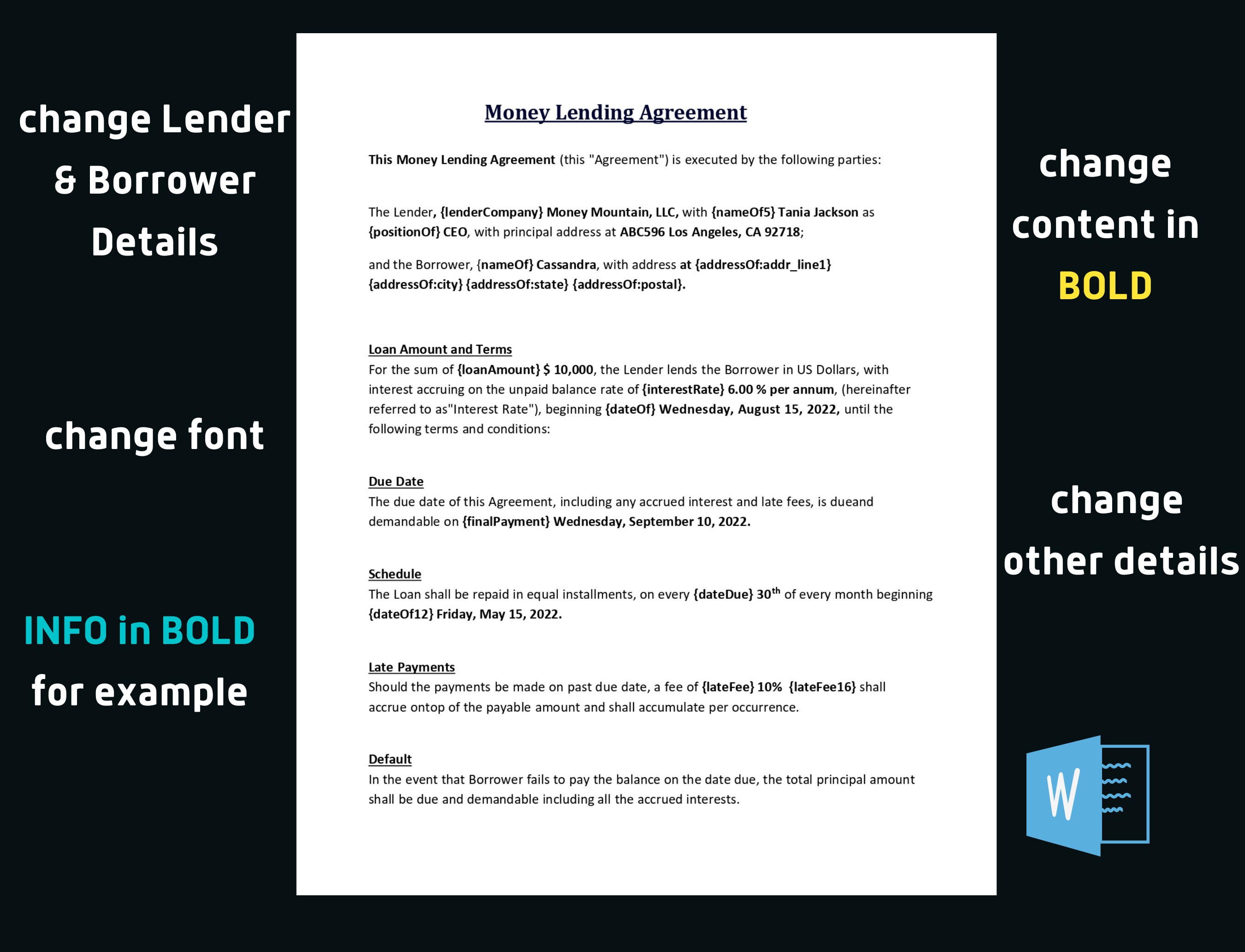 Money Lending Agreement Template: Loan Contract (editable in WORD) - Etsy