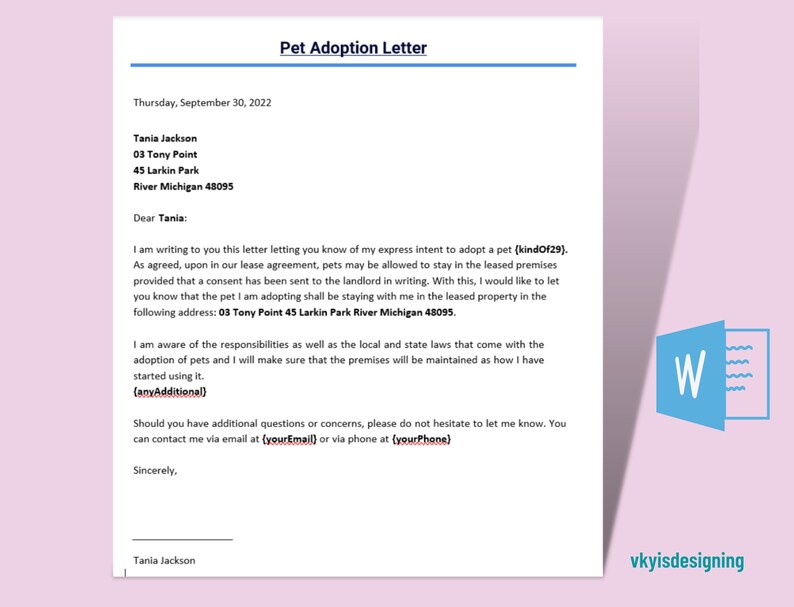 Pet Adoption Letter - Puppy Adoption * Cat Adoption - Pet Business ...