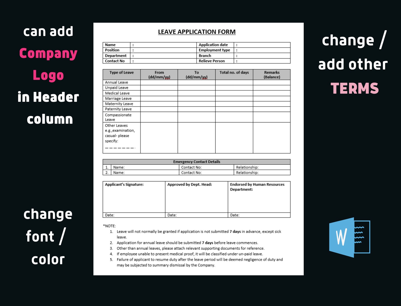Simple Leave Application Form, HR Form, Employee Form, Sick Leave ...