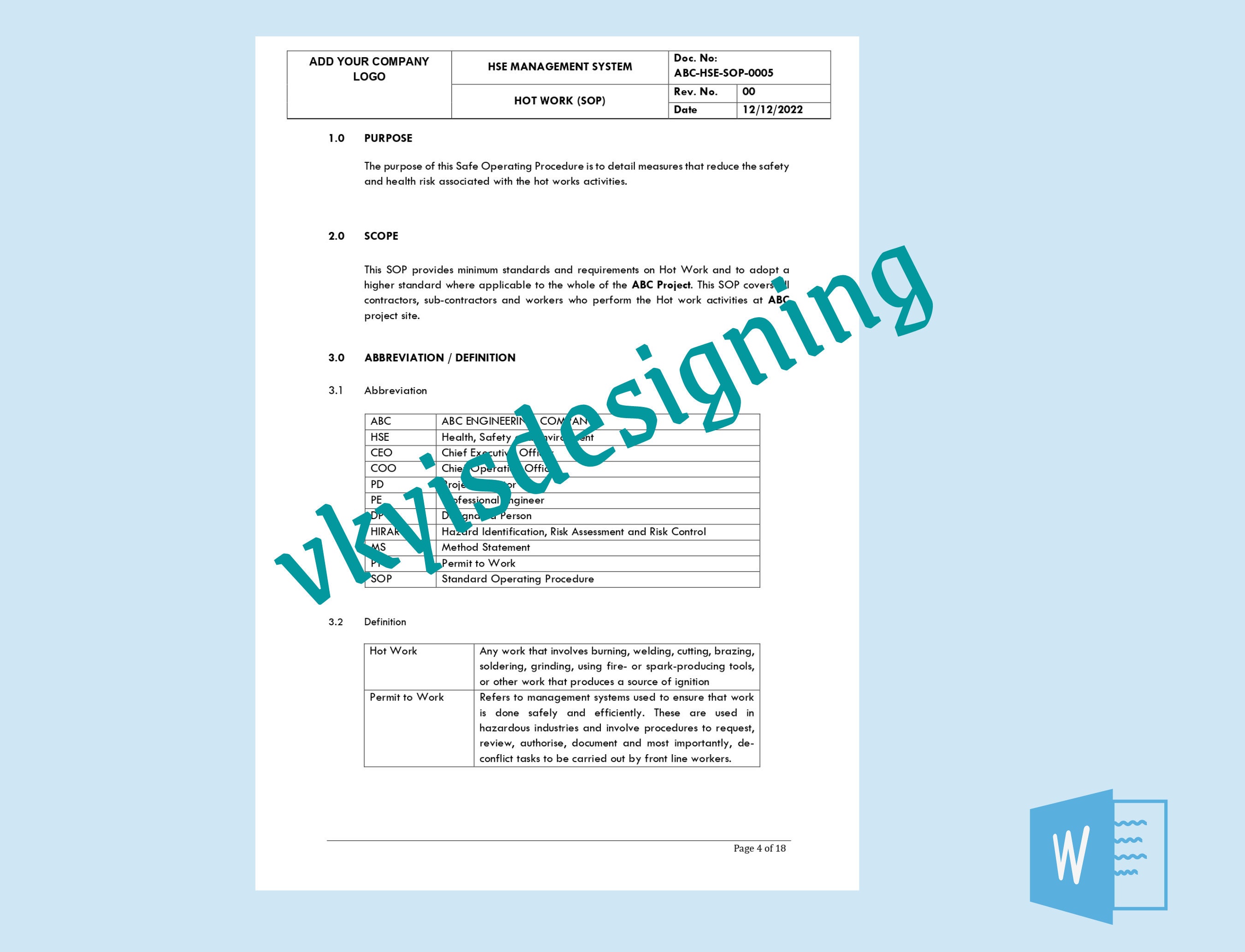 Hot Work SOP Template: Construction Safety, Permit to Work (editable ...