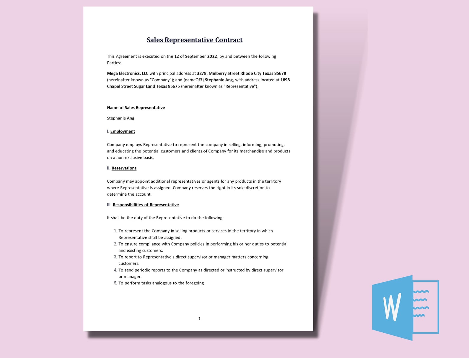 Sales Representative Contract Template: Marketing Hiring Form (editable ...