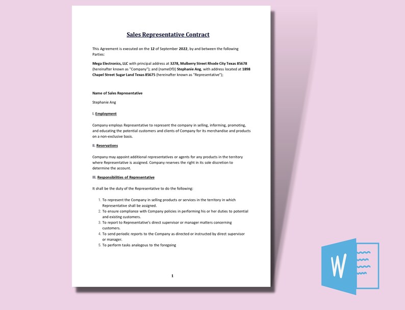 Sales Representative Contract Template: Marketing Hiring Form (editable ...
