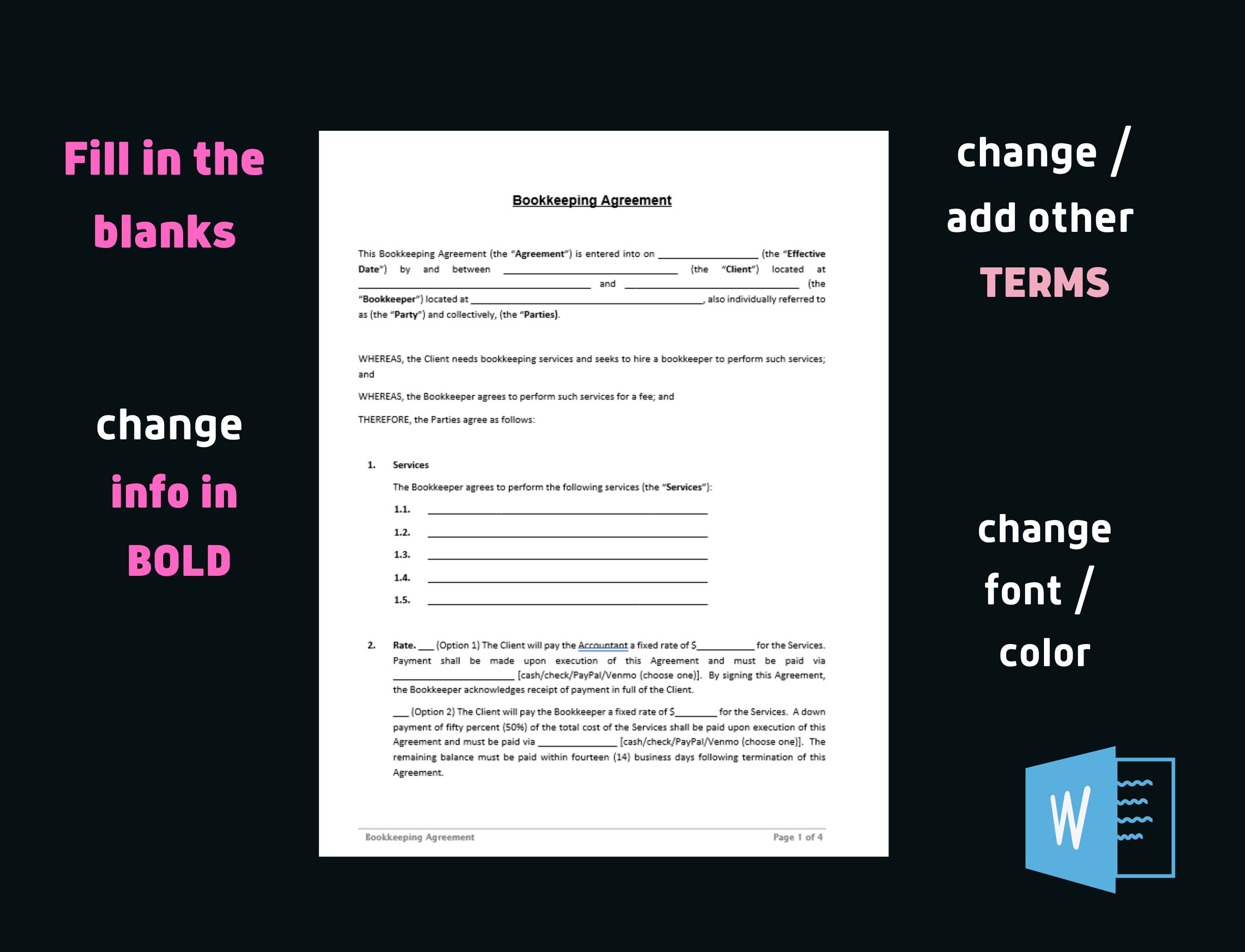 Bookkeeping Agreement, Accounting Service, Finance Agreement, Simple ...