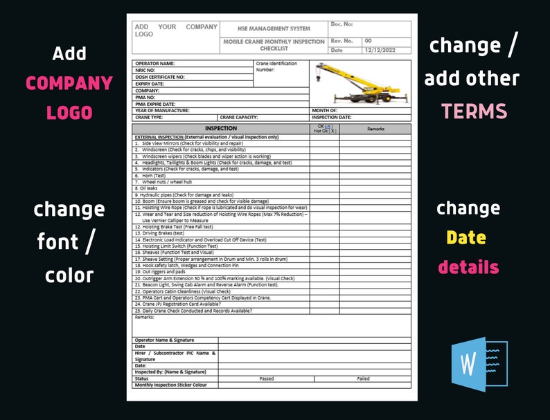Mobile Crane Monthly Inspection Checklist, Health Safety, Machine ...