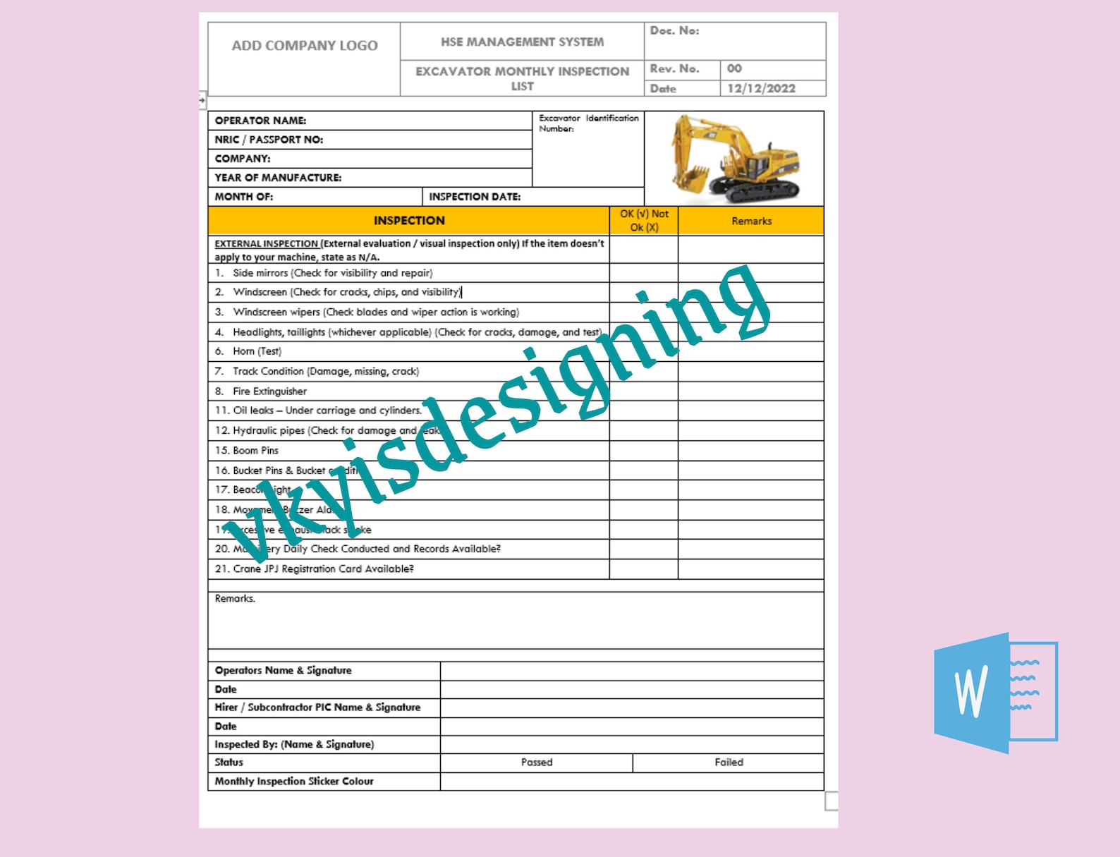 Excavator Monthly Inspection Checklist: Heavy Machinery Safety (MS Word ...