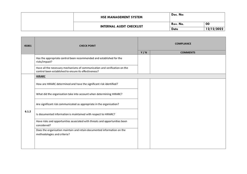 Internal Audit Checklist audit Checklist, Safety Audit, Quality ...