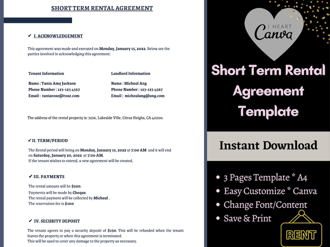 Short Term Rental Agreement, Rent Invoice, Simple Lease Agreement, Rent ...