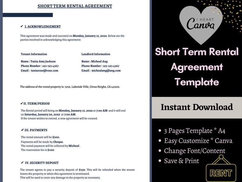 Short Term Rental Agreement, Rent Invoice, Simple Lease Agreement, Rent ...