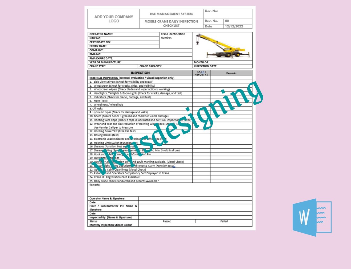 Mobile Crane Daily Inspection Checklist: Safety & Health (WORD) - Etsy