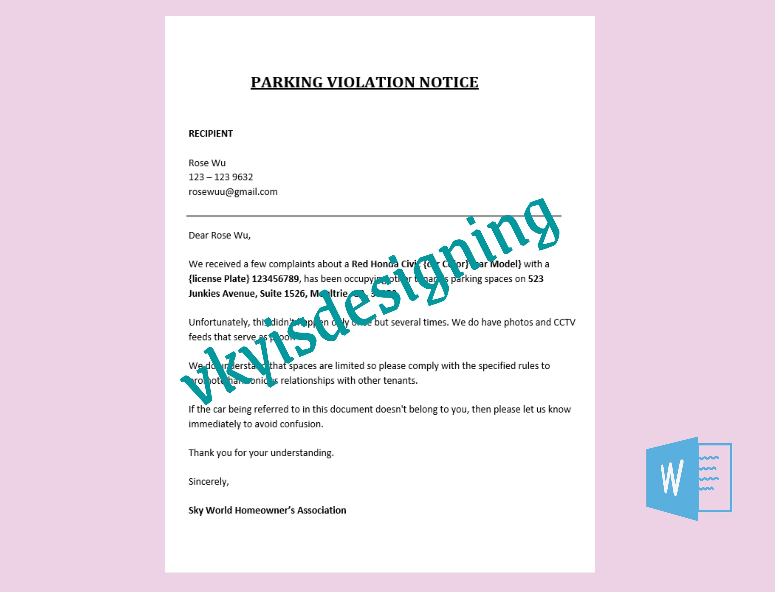 Parking Violation Notice, Warning Letter, Parking Warning, Wrong ...