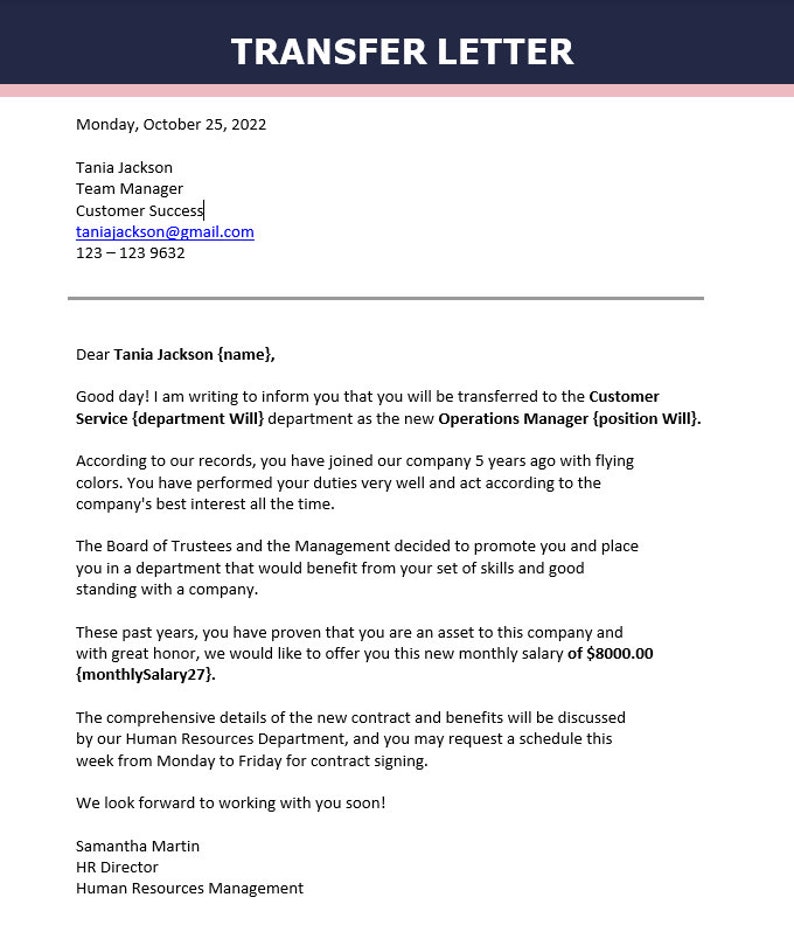 Transfer Letter * Job Transfer Letter * Professional Transfer - New Job ...