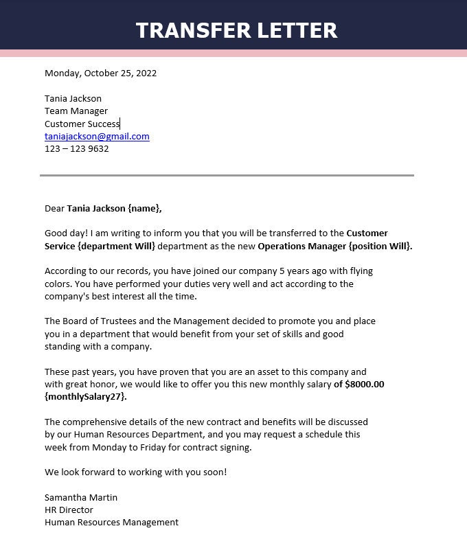 Job Transfer Letter Template: Professional HR Document (MS Word) - Etsy