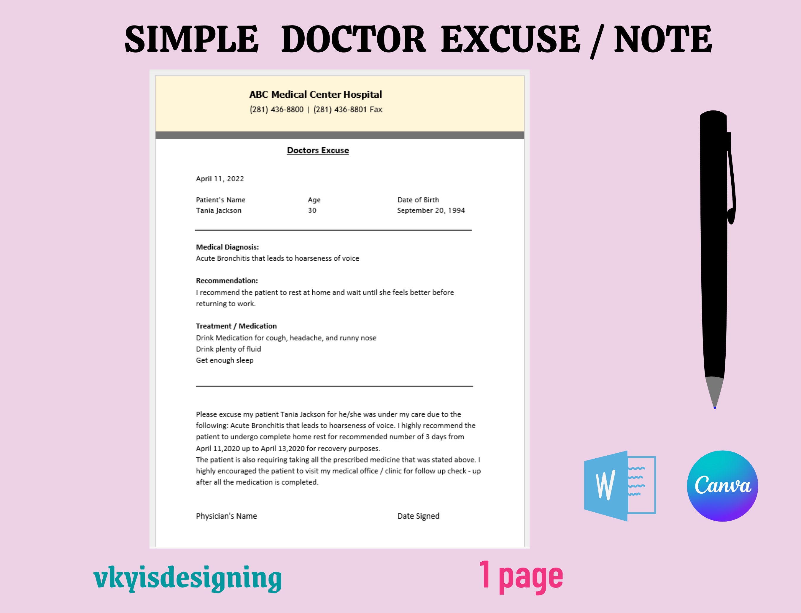 Doctor's Excuse, Medical Office Form, Work Excuse, Doctor Note, School ...