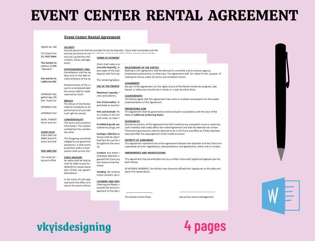 Event Center Rental Agreement Template (MS Word) - Etsy