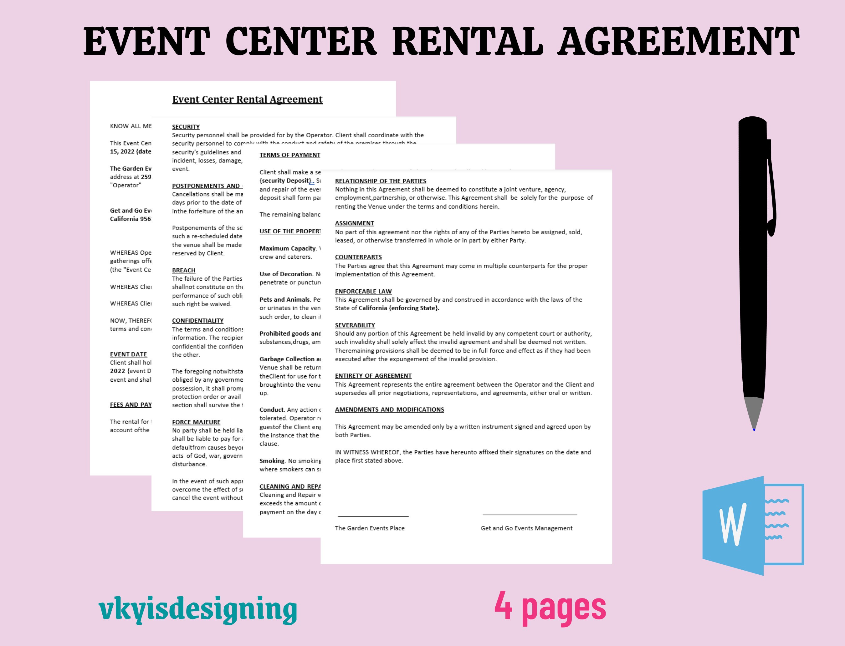 Event Center Rental Agreement Template (MS Word) - Etsy