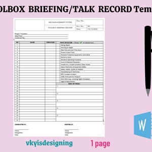 Toolbox Talk Briefing Record: Health & Safety Template (MS Word) - Etsy