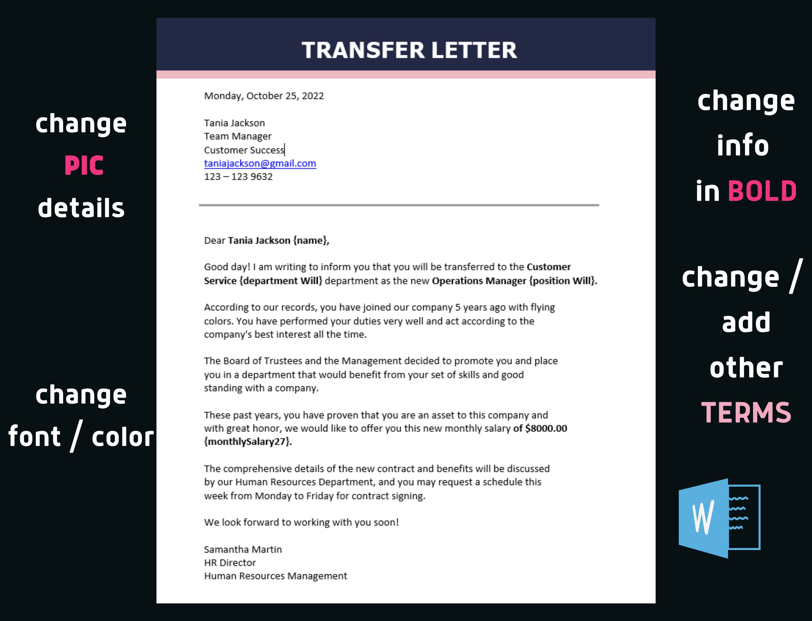Job Transfer Letter Template: Professional HR Document (MS Word) - Etsy