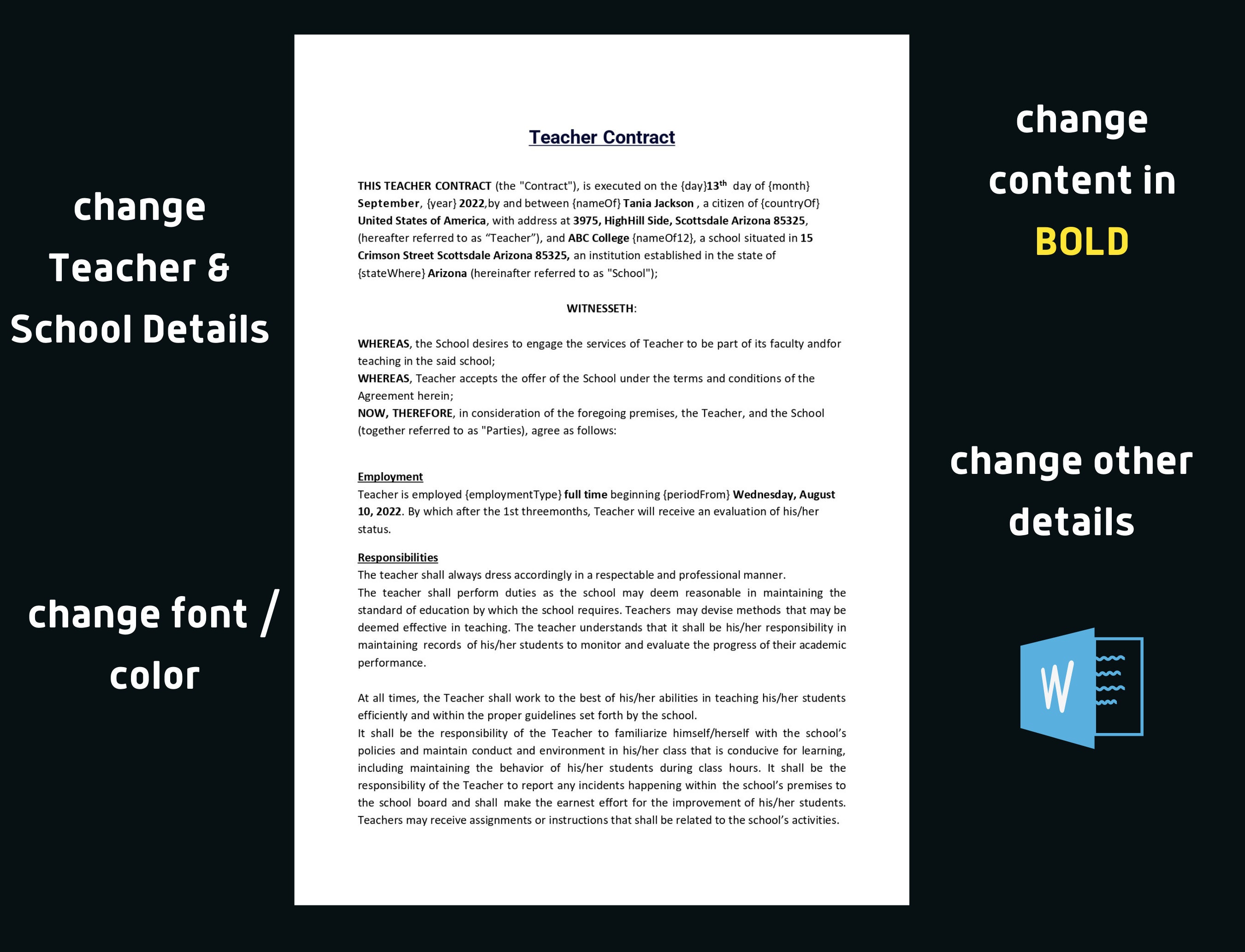 Editable Teacher Contract Template: Tutor, Educator Agreement (WORD) - Etsy