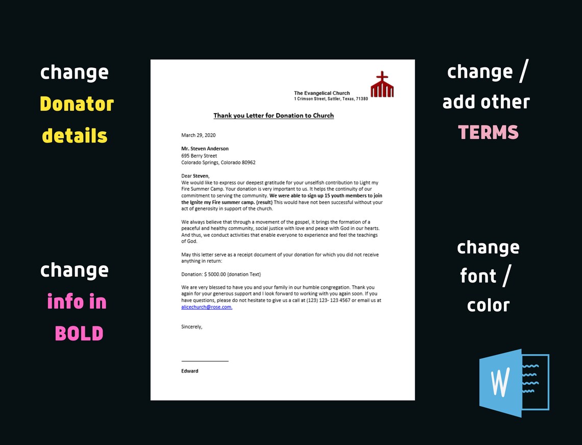 Thank You Letter for Donation to Church, Church Donation, Thanking ...