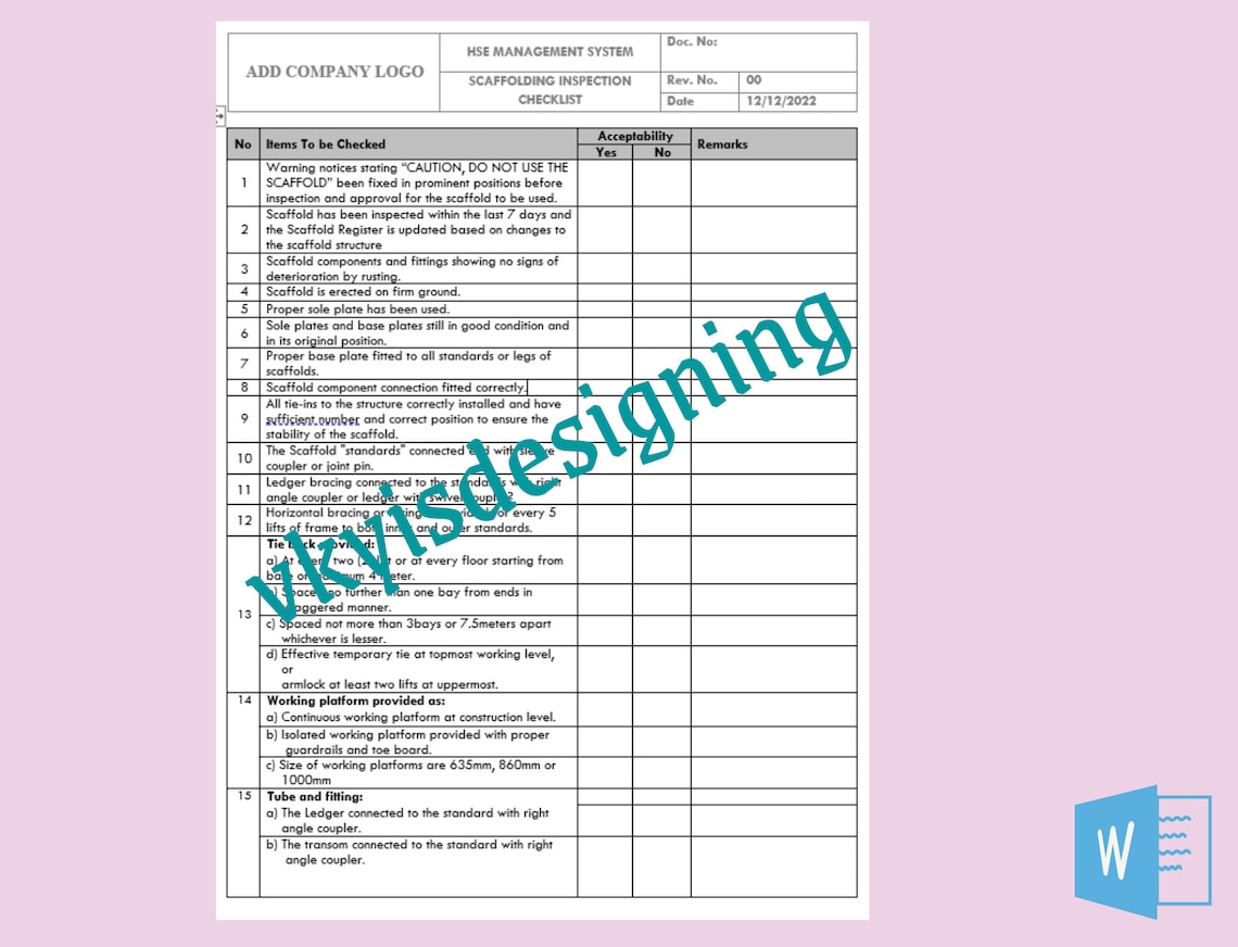 Scaffolding Inspection Checklist, Inspection Sheet, Tower Scaffold ...