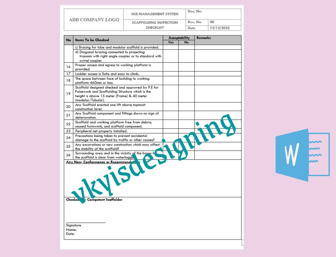 Scaffolding Inspection Checklist, Inspection Sheet, Tower Scaffold ...