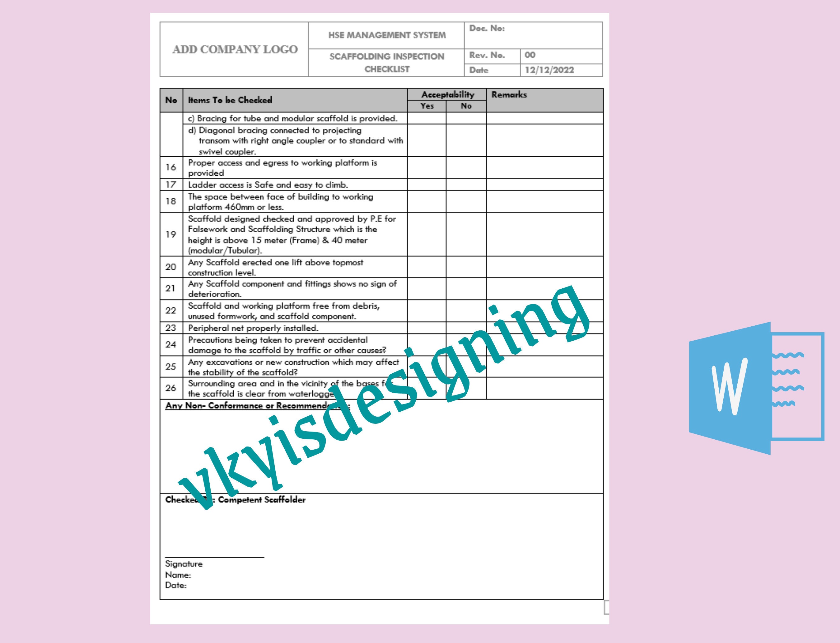 Scaffolding Inspection Checklist, Inspection Sheet, Tower Scaffold ...