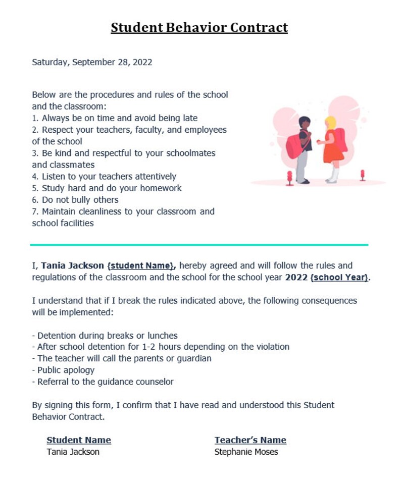 Student Behavior Contract: Editable Classroom Rules (WORD Template) - Etsy