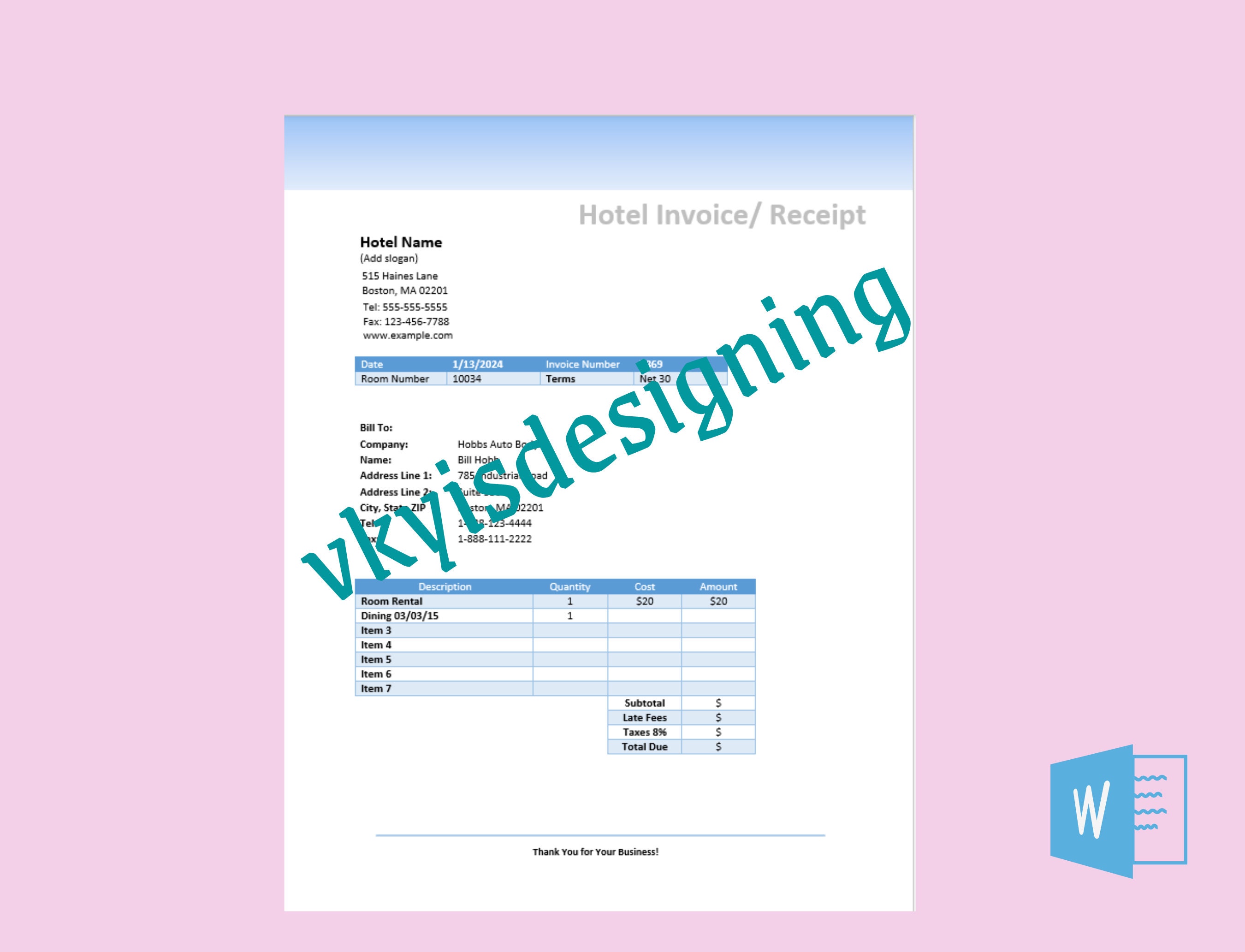 Editable Hotel Receipt Template: Simple Invoice Form (WORD) - Etsy