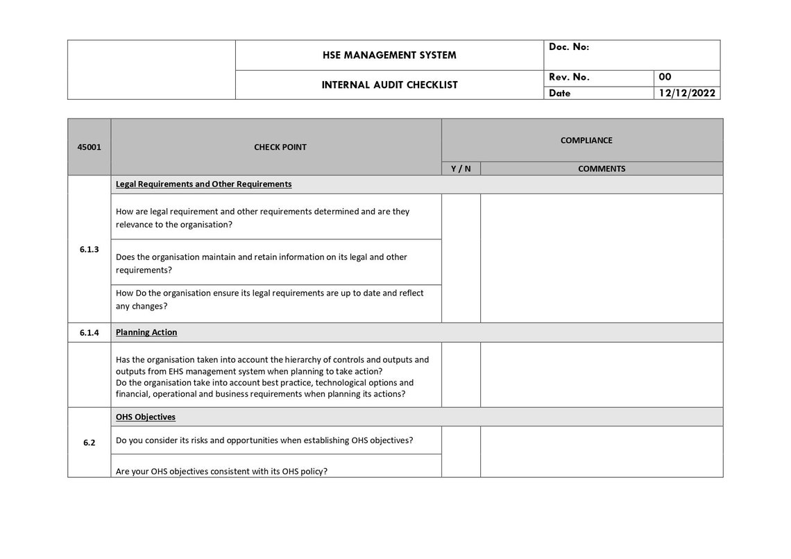Internal Audit Checklist audit Checklist, Safety Audit, Quality ...