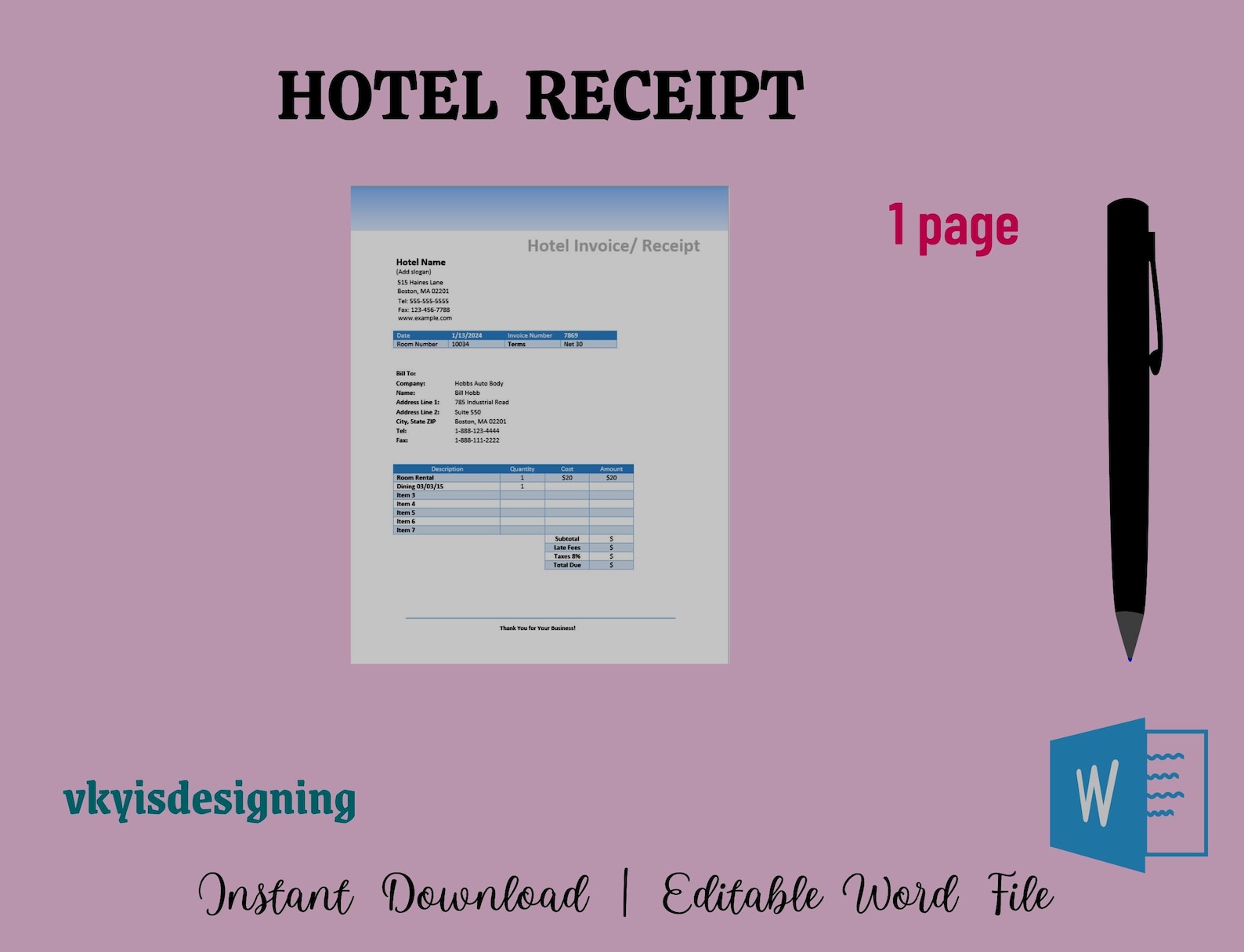 Editable Hotel Receipt Template: Simple Invoice Form (WORD) - Etsy