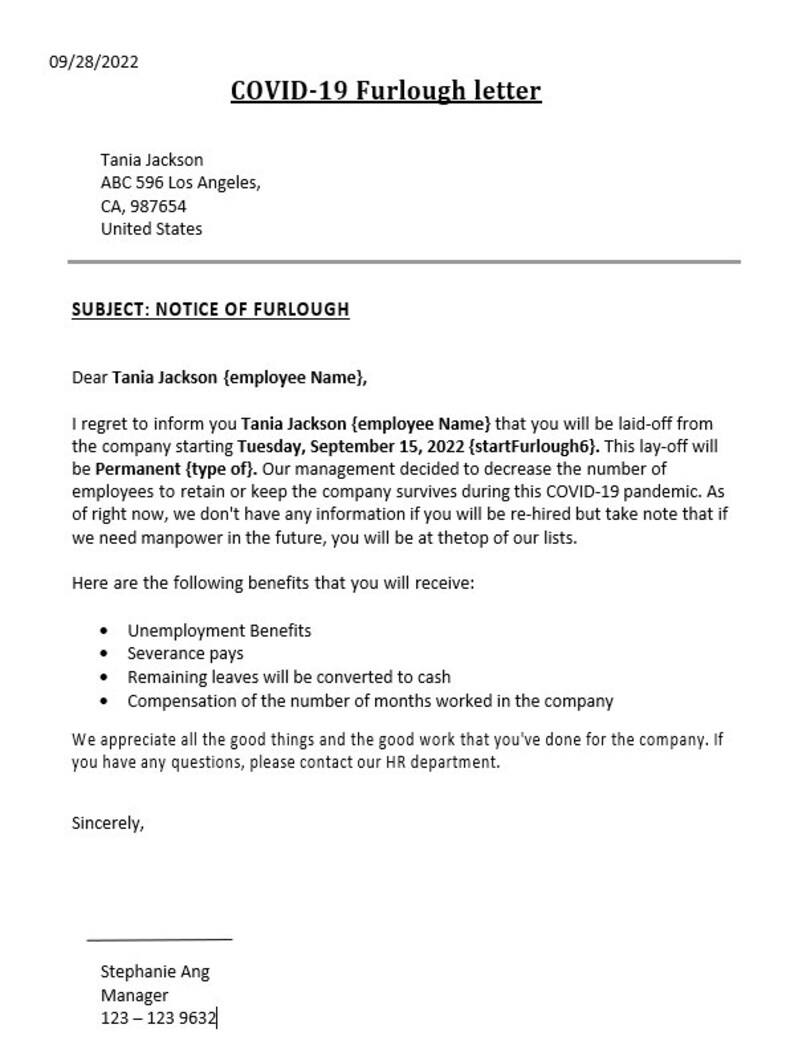 Covid 19 Furlough Letter Pandemic Laid off Covid 19 | Etsy