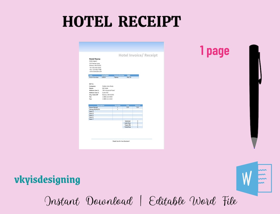 Hotel Receipt, Hotel Invoice, Hotel Business, Motel Invoice, Simple ...