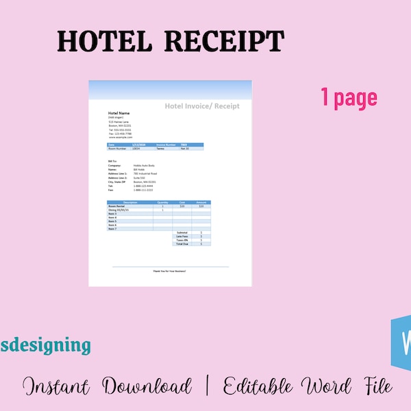 Hotel Receipt Template - Etsy