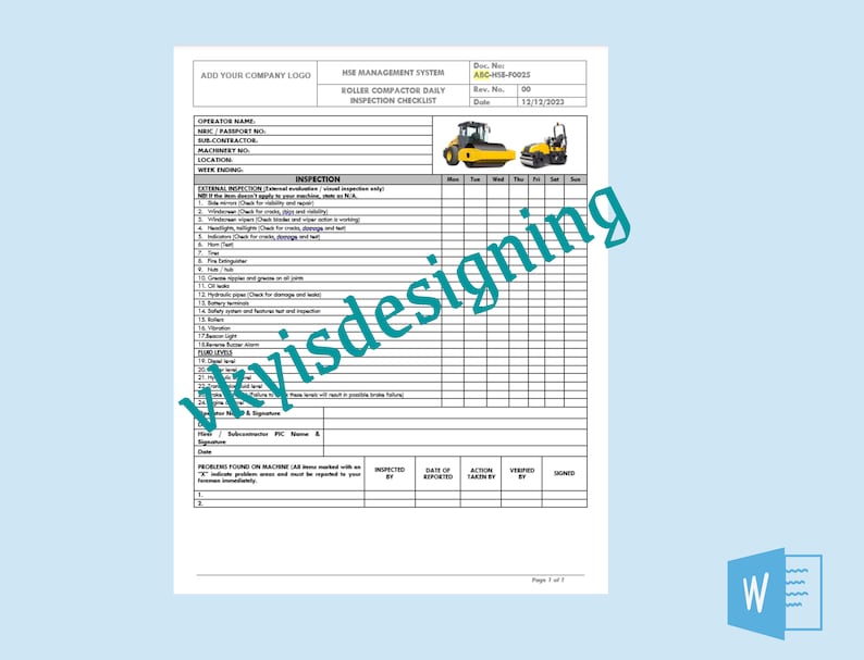 Roller Compactor Inspection Checklist Health & Safety, Machinery ...