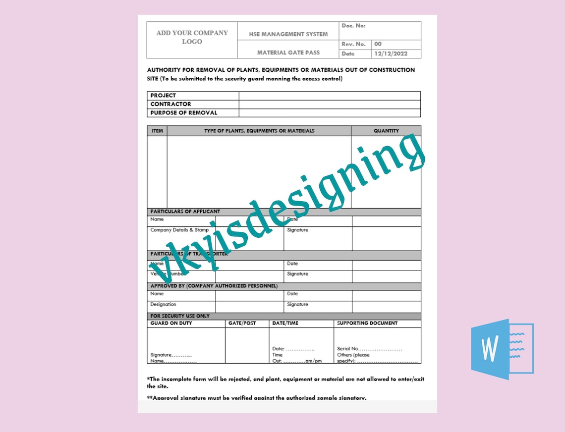 Material Gate Pass Template: Construction Entry Approval (WORD) - Etsy