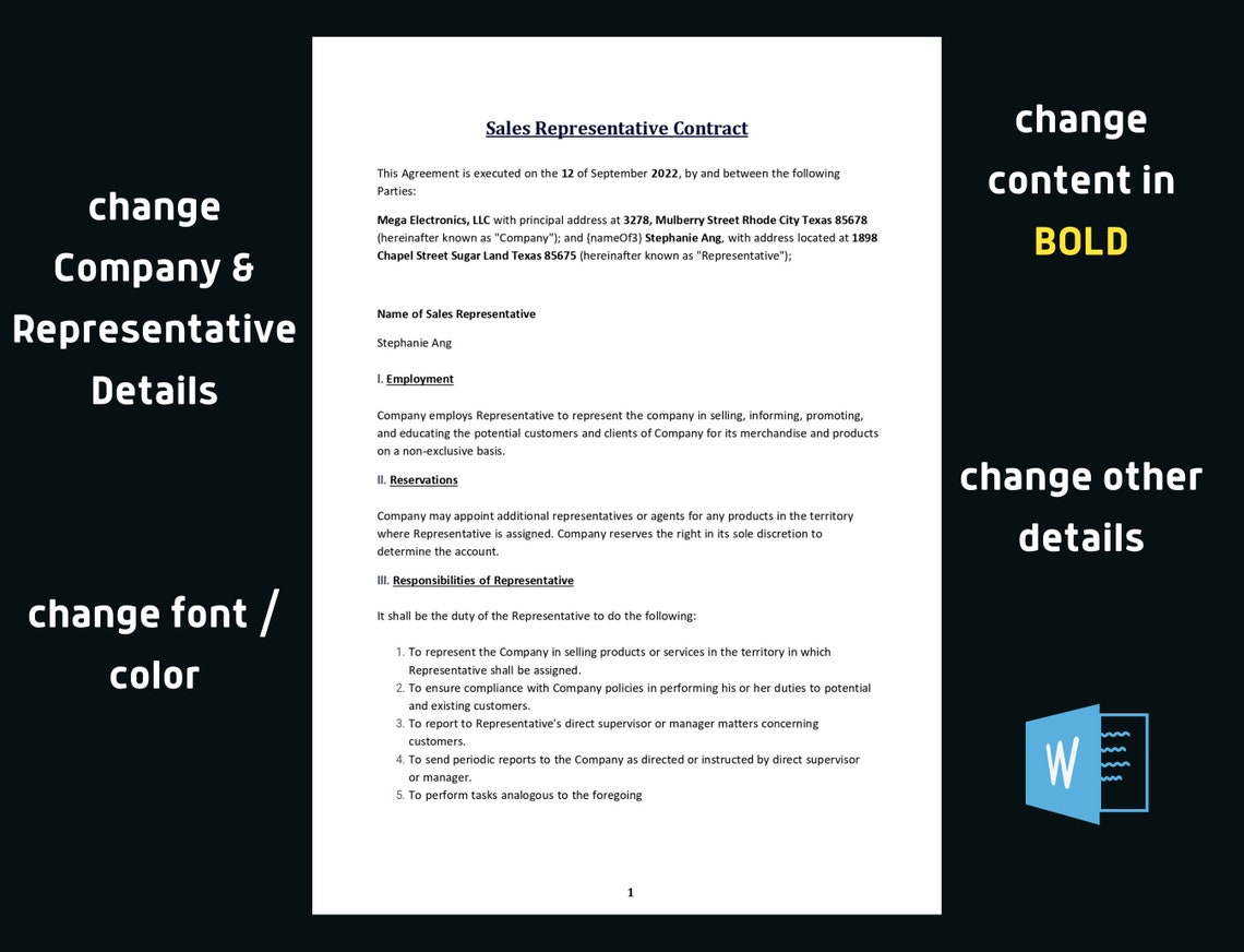 Sales Representative Contract Template: Marketing Hiring Form (editable ...