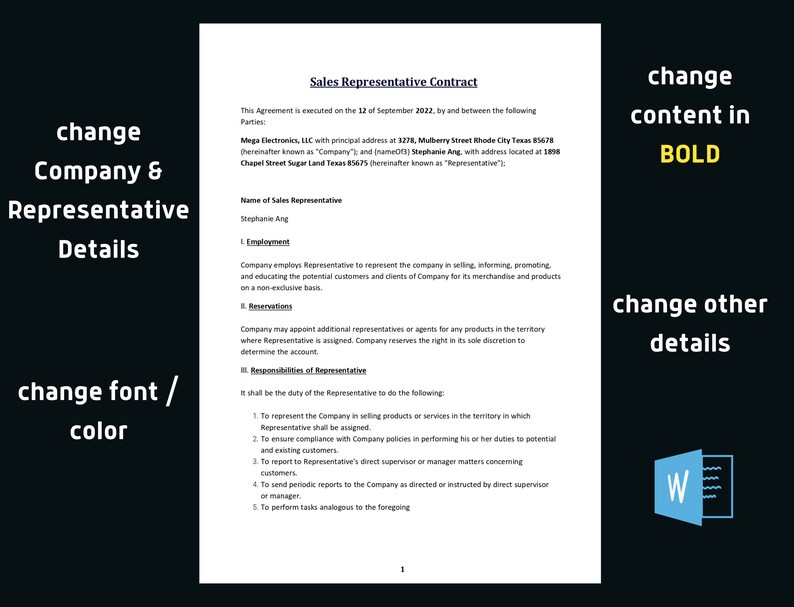 Sales Representative Contract Template: Marketing Hiring Form (editable ...