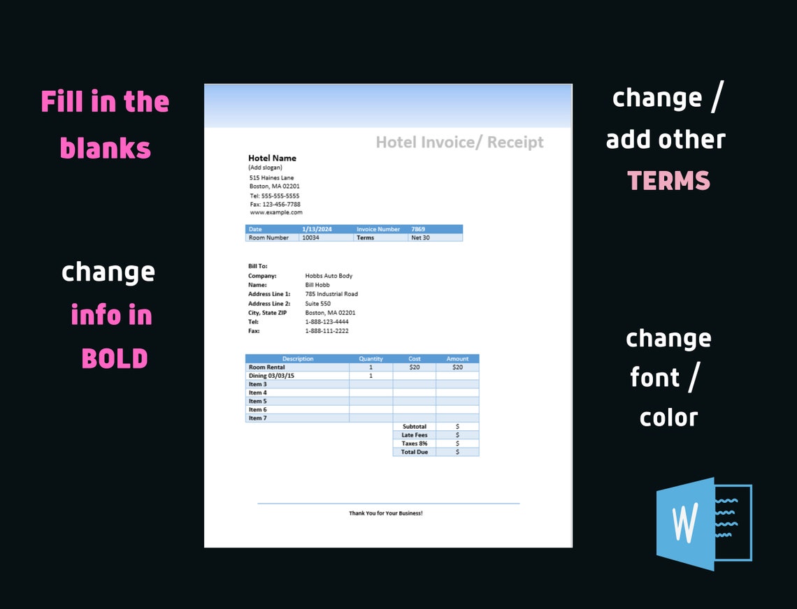 Editable Hotel Receipt Template: Simple Invoice Form (WORD) - Etsy