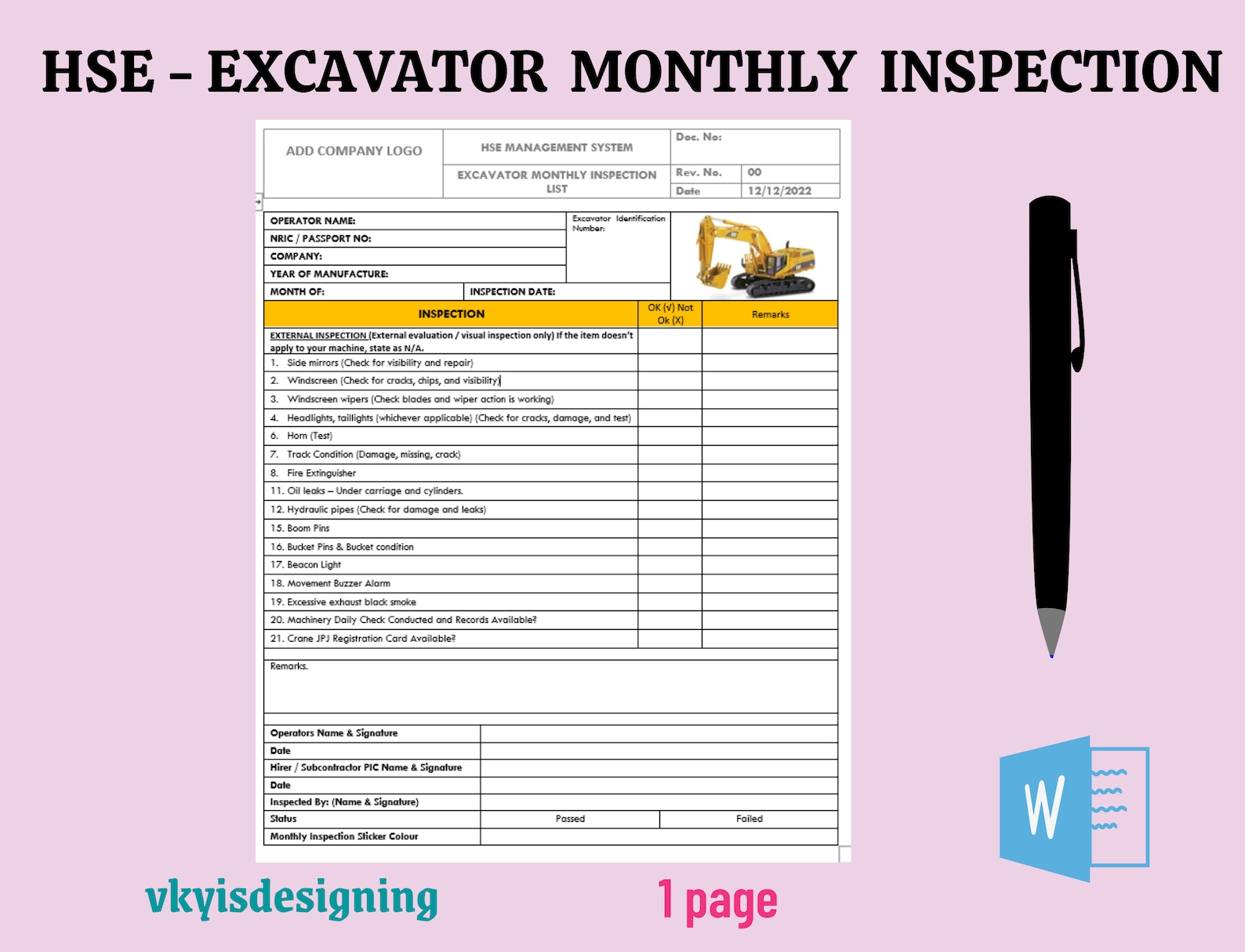 Excavator Monthly Inspection Checklist, Safety Inspection, Machine ...