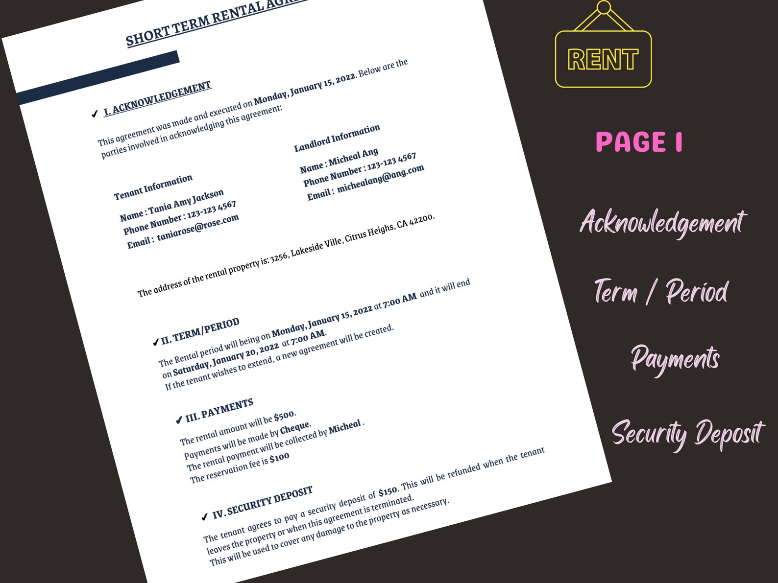Short Term Rental Agreement, Rent Invoice, Simple Lease Agreement, Rent ...