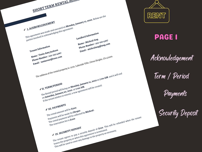 Short Term Rental Agreement, Rent Invoice, Simple Lease Agreement, Rent ...