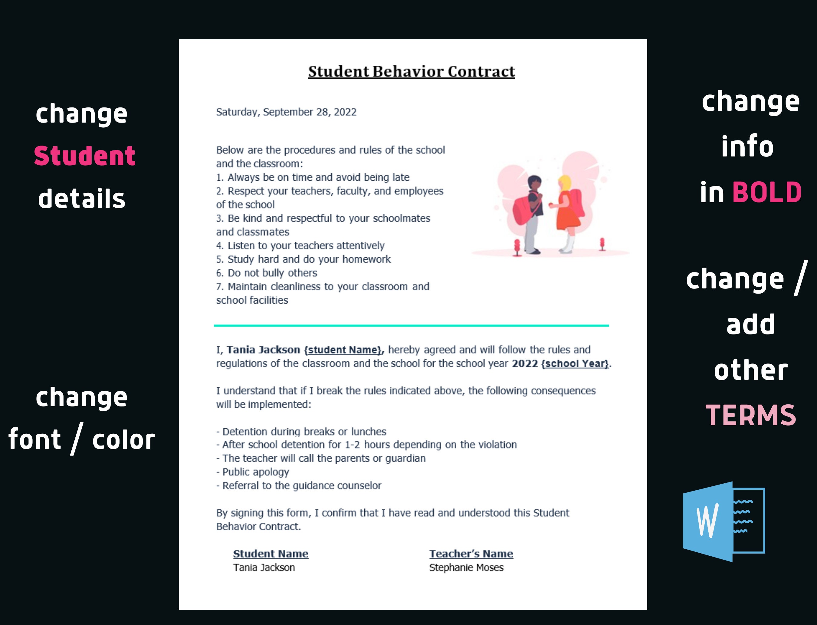 Student Behavior Contract: Editable Classroom Rules (WORD Template) - Etsy