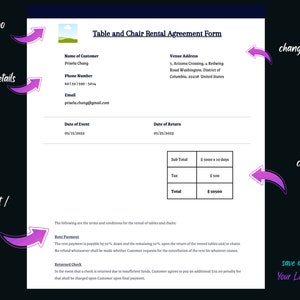 Editable Table and Chair Rental Agreement (A4 PDF) , Table Chair ...