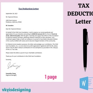 Tax Deduction Letter Template: Thank You, Proof of Receipt (WORD) - Etsy