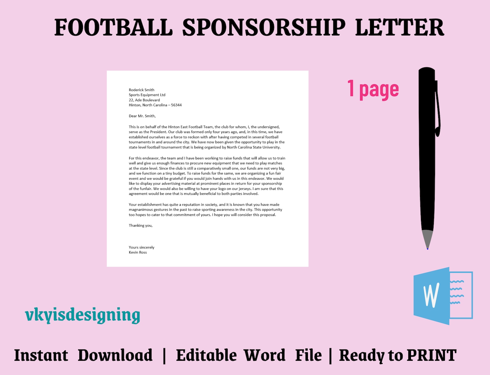 Football Sponsorship Letter Template (editable Word) - Etsy