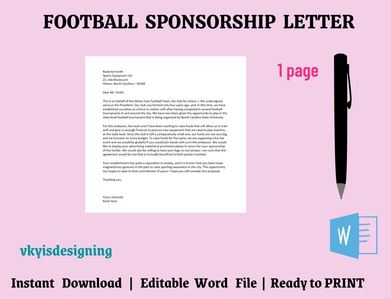 Football Sponsorship Letter Template (editable Word) - Etsy