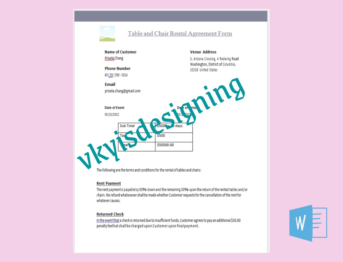 Editable Table and Chair Rental Agreement (A4 PDF) , Table Chair ...