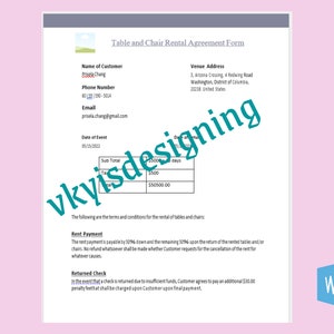 Editable Table and Chair Rental Agreement (A4 PDF) , Table Chair ...