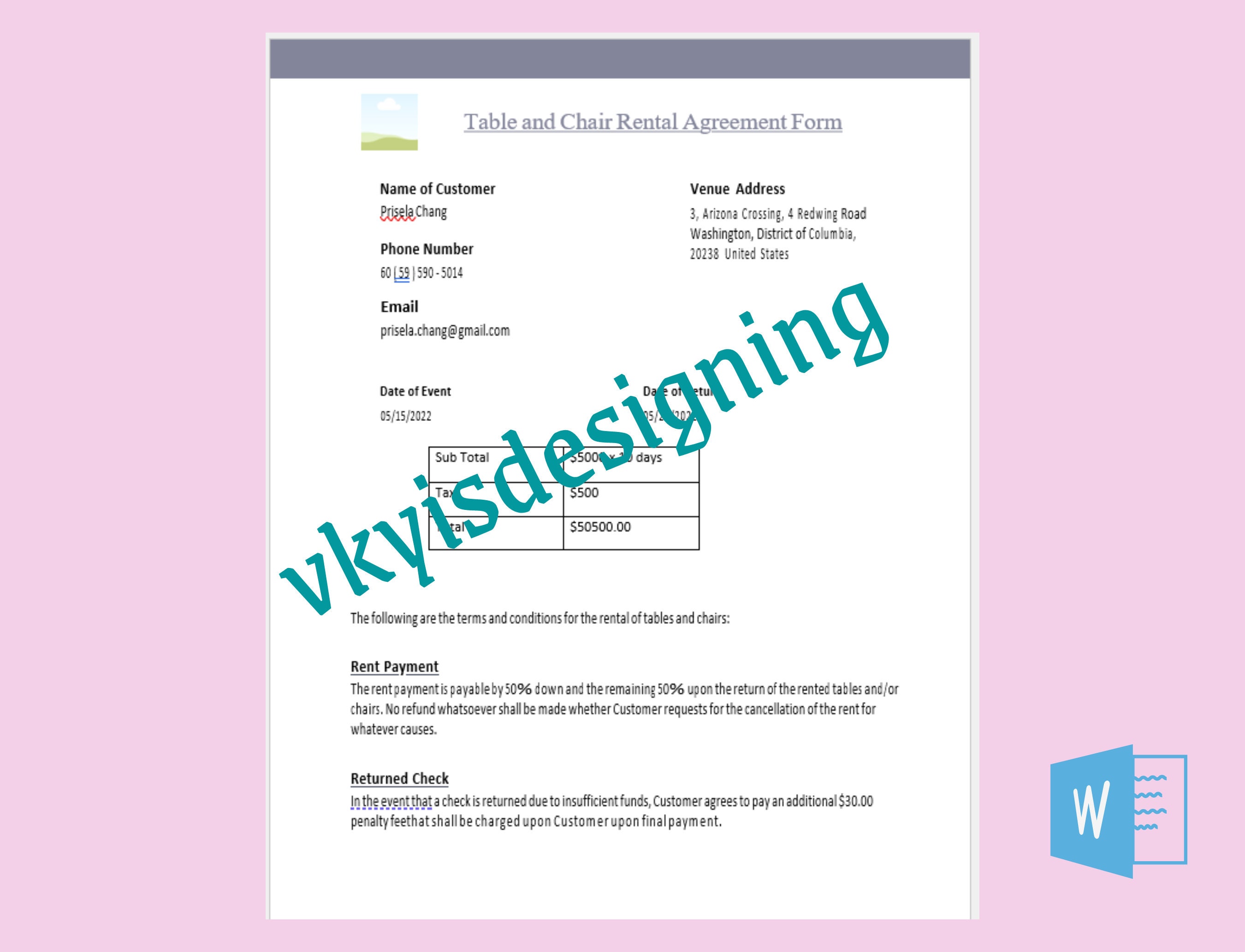 Editable Table and Chair Rental Agreement (A4 PDF) , Table Chair ...